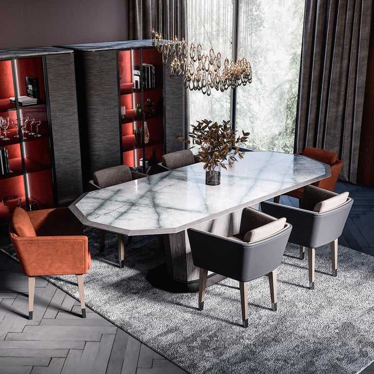 Contemporary Dining Table, venered central leg, metal trim and base ...