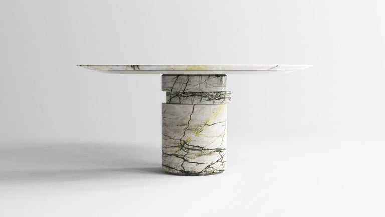 Contemporary round dining table, Calacatta Verde marble, shifting disc ...