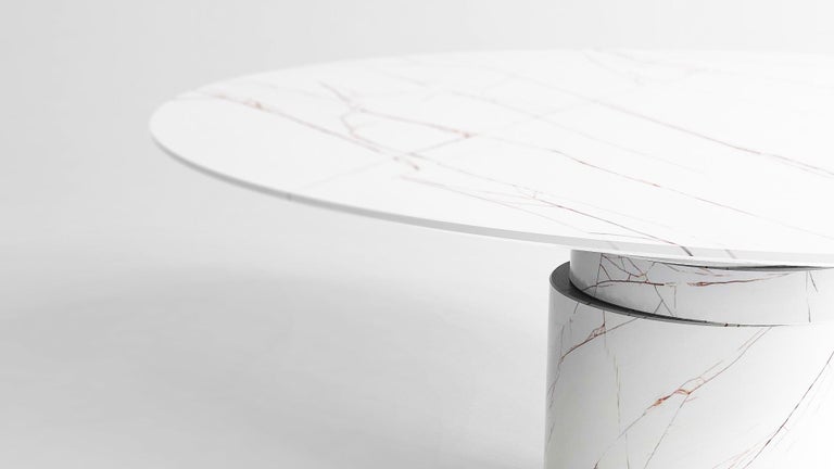 Contemporary round dining table, Sahara Blanc marble, shifting disc ...