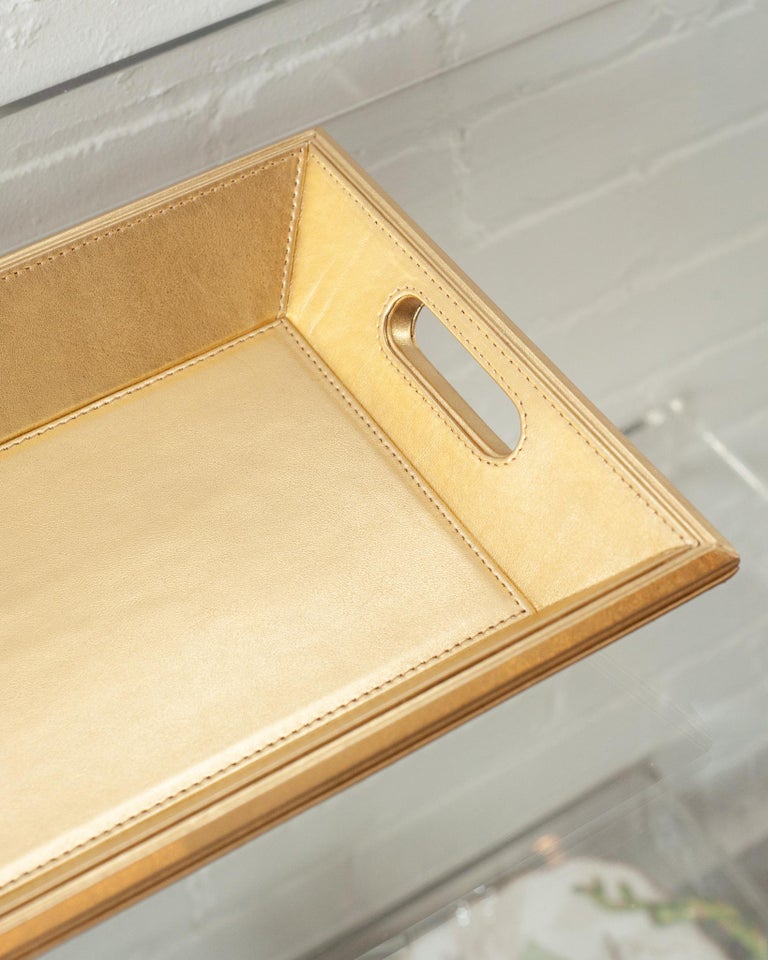 Contemporary Metallic Gold Leather Rectangular Tray For Sale at 1stDibs