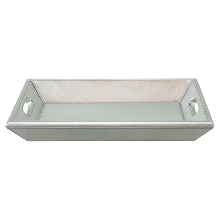 Contemporary Metallic Silver Leather Rectangular Tray For Sale at 1stDibs