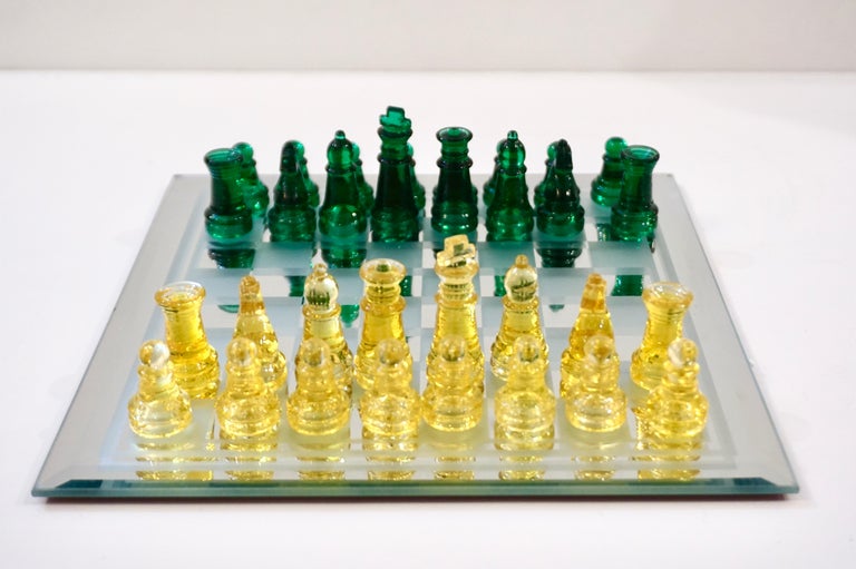 Contemporary Minimalist Green and Yellow Murano Glass Chess Set on ...