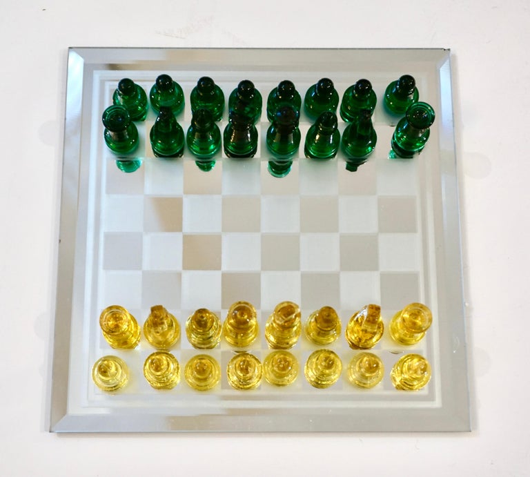 Contemporary Minimalist Green and Yellow Murano Glass Chess Set on ...