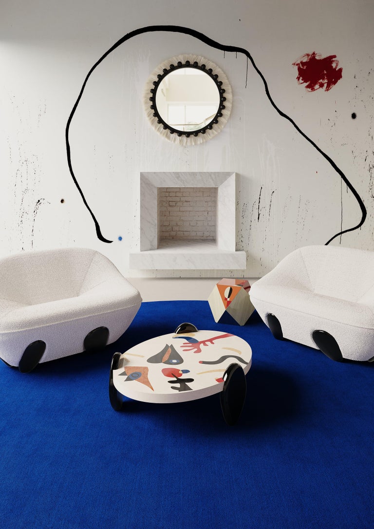 Contemporary Miró Inspo Round Center Coffee Table Wood Marquetry Black ...