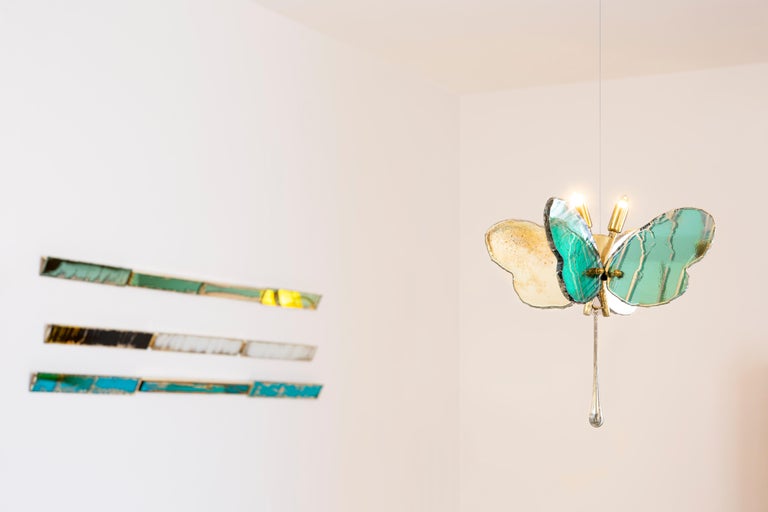 Contemporary mirror stripes "Flow", art silvered glass, diagonal brass ...