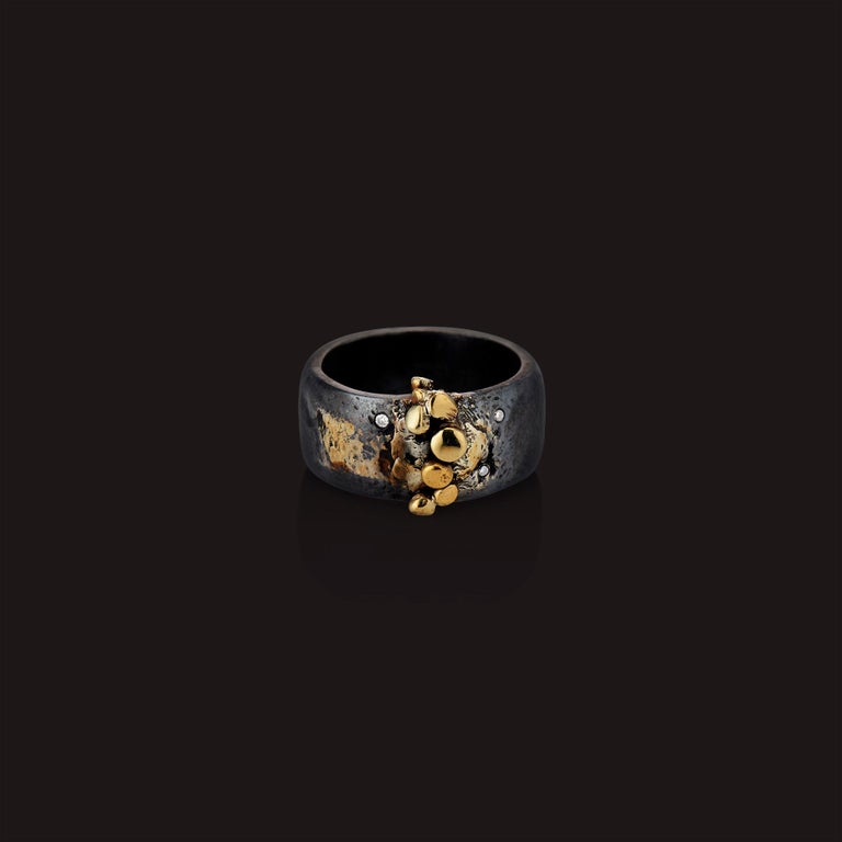 Contemporary, Mixed Metal, Gold, Oxidized Sterling Silver Diamond Band ...