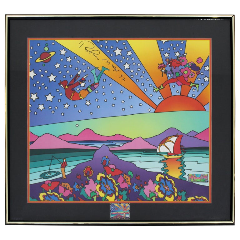Contemporary Modern Framed Poster Signed Peter Max with Stamps 1992 COA ...