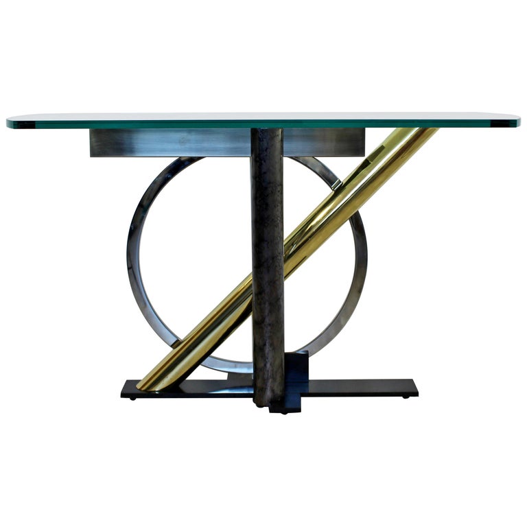 Contemporary Modern Geometric Mixed Metals Glass Console Table Kaizo ...