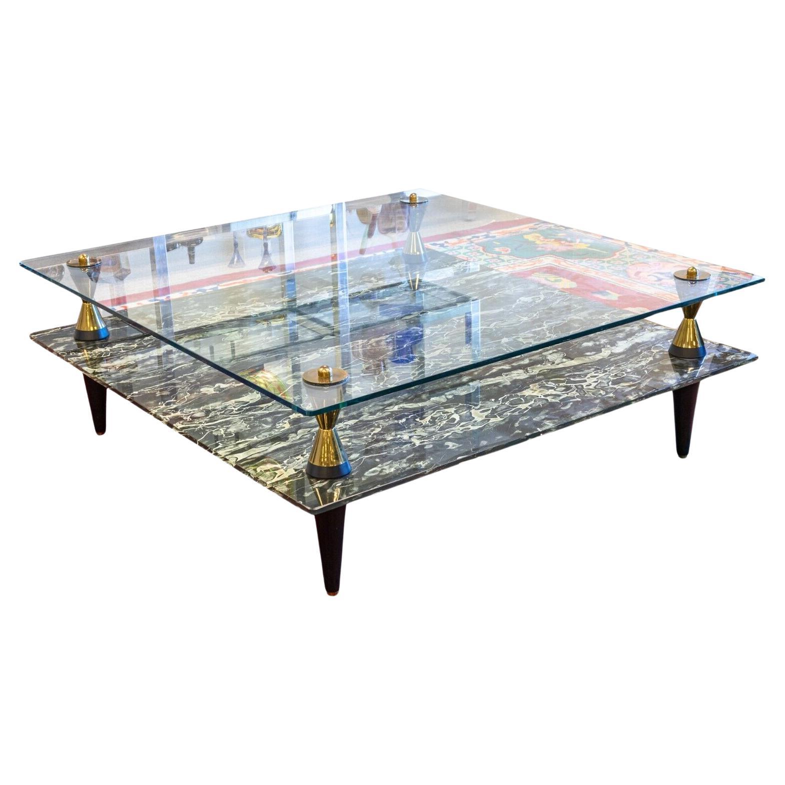 Contemporary Modern Green Marbled Glass and Brass Cocktail Coffee Table ...