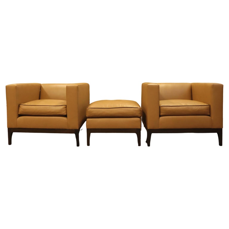 Contemporary Modern Italian Leather Cube Club Lounge Chairs Pair with ...