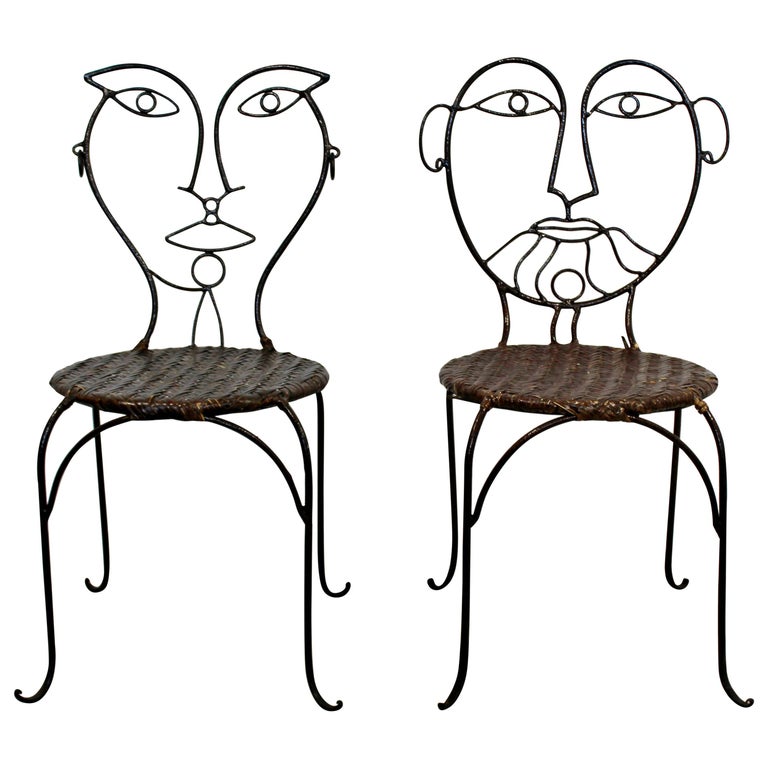 Contemporary Modern Pair of Wrought Iron and Rattan Cafe Art Chairs ...