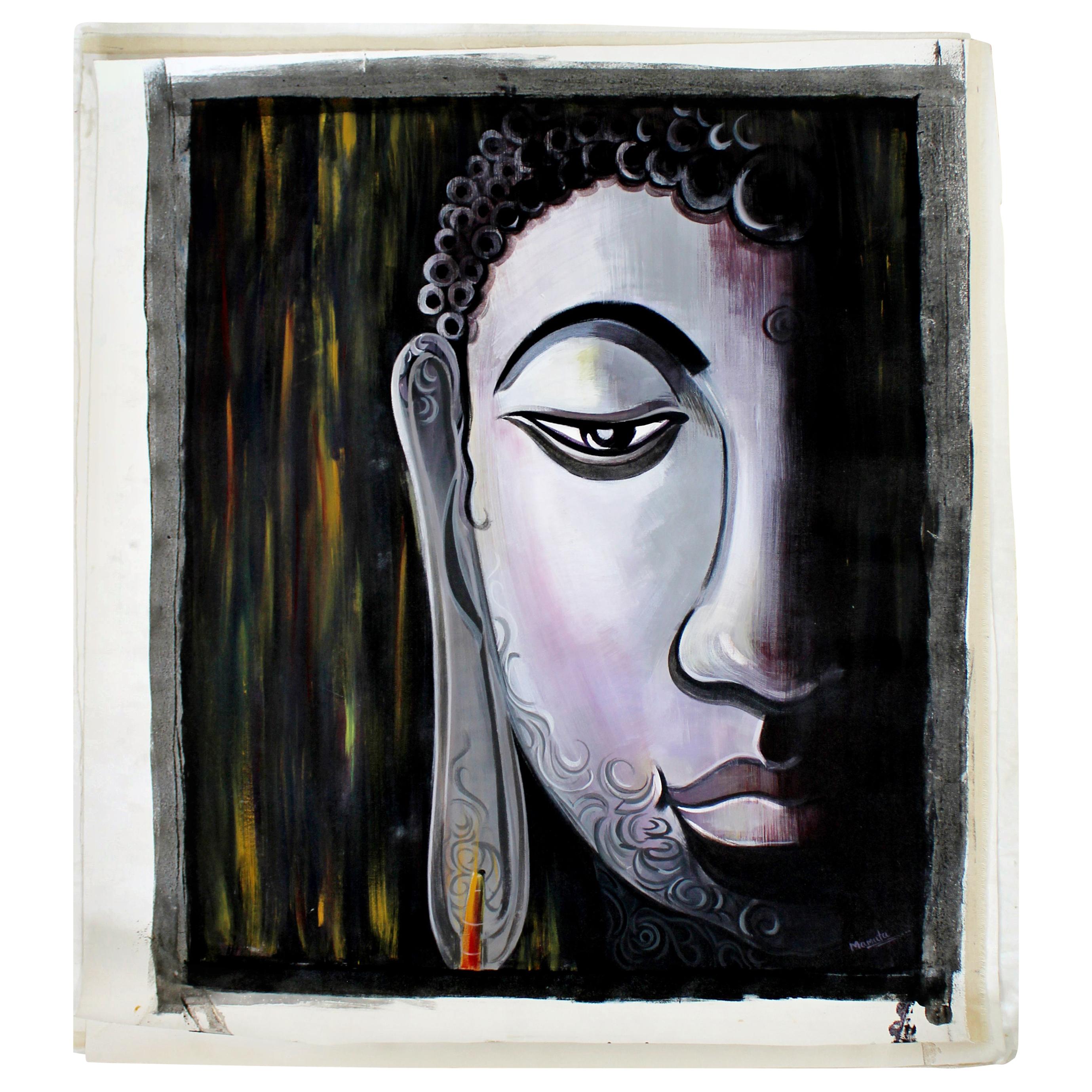 Contemporary Modern Unframed Oil on Canvas Painting of Buddha Signed ...