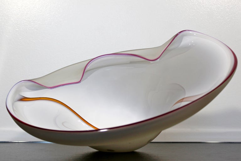 Contemporary Modern White Curved Glass Art Bowl Sculpture Signed ...