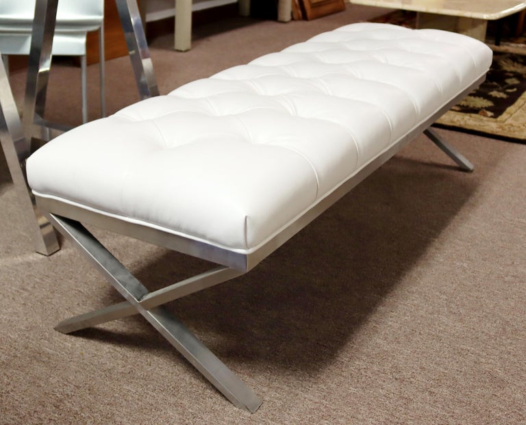 Contemporary Modernist Tufted White Vinyl on Chrome Bench Seat at 1stDibs