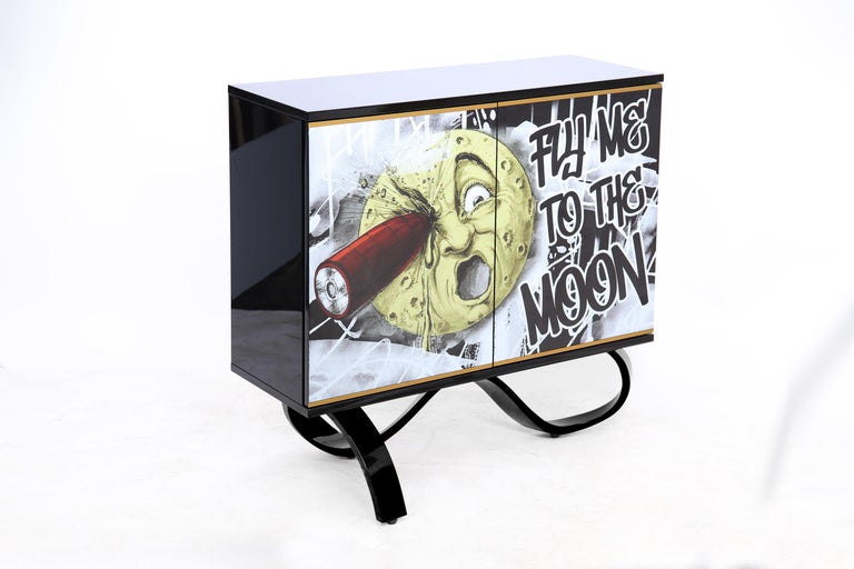 Contemporary Moon Cabinet in Black High Gloss, Brass by Railis Design ...