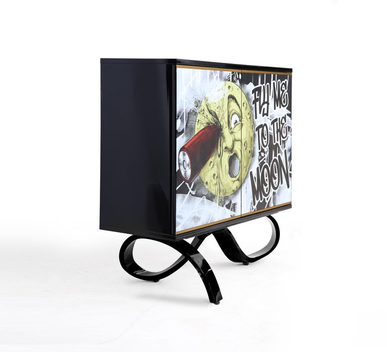 Contemporary Moon Cabinet in Black High Gloss, Brass by Railis Design ...