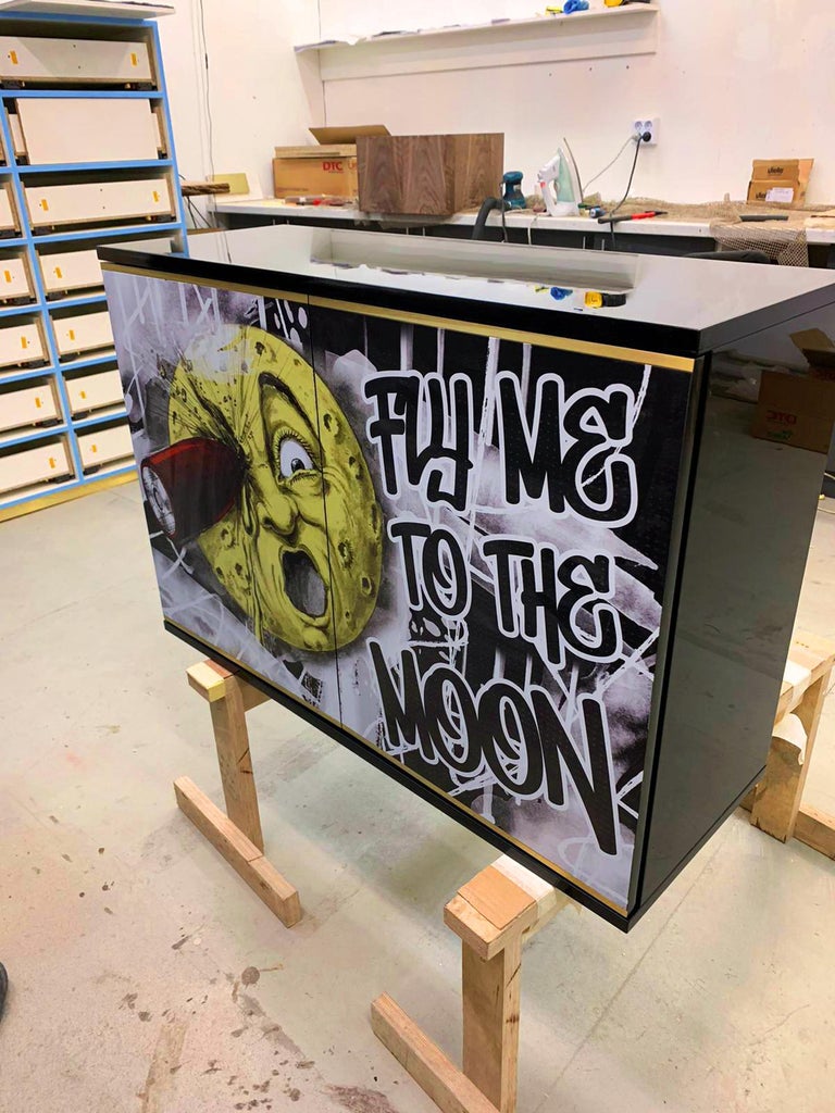 Contemporary Moon Cabinet in Black High Gloss, Brass by Railis Design ...