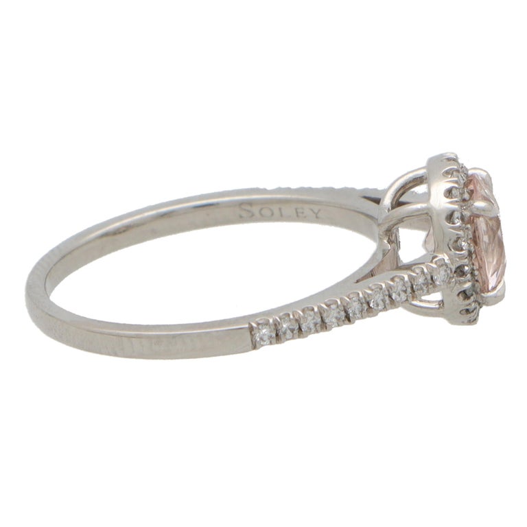 Contemporary Morganite and Diamond Halo Ring Set in White Gold For Sale ...