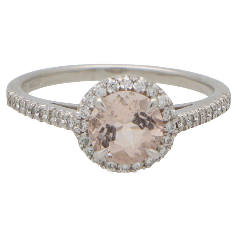 Contemporary Morganite and Diamond Halo Ring Set in White Gold For Sale ...