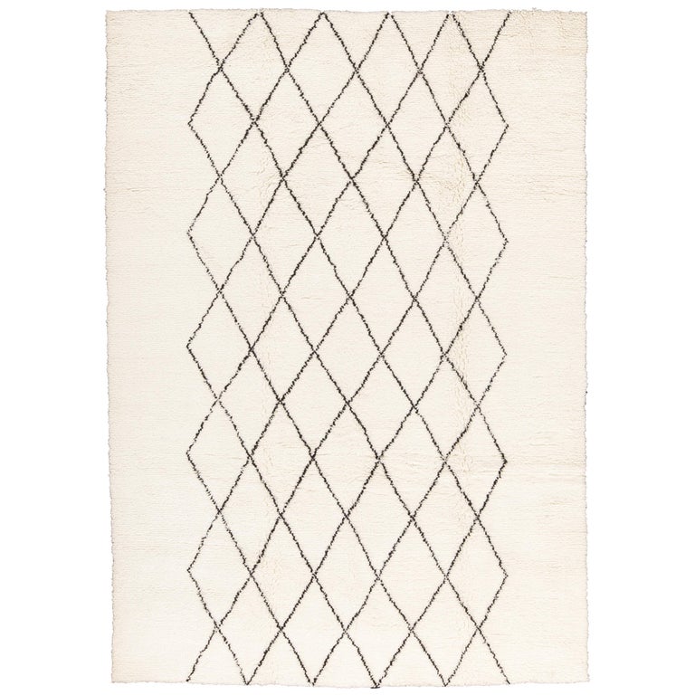 Contemporary Moroccan Style Ivory and Black Wool Rug with Diamond ...