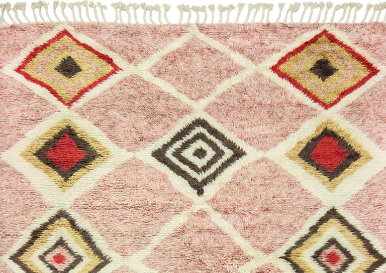 Contemporary Moroccan Style Pink and Ivory Wool Rug with Geometric ...