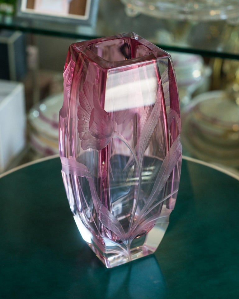 Contemporary Moser Rosalin Pink Hand Etched Floral Crystal Vase For ...