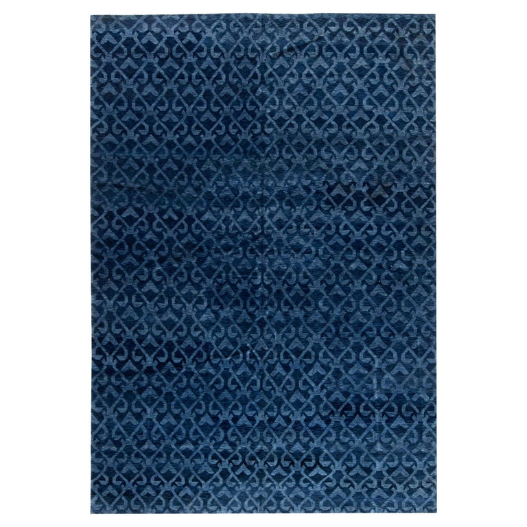 Contemporary Navy Blue Handcrafted Pashmina Euro Rug by Doris Leslie ...