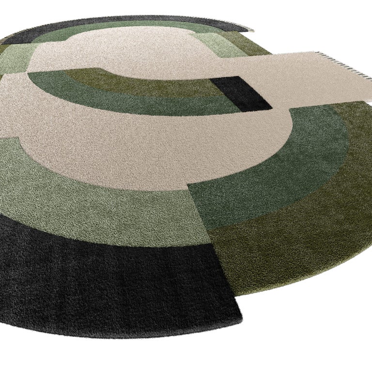 Contemporary Oval Rug with Geometric Pattern in Green Hues and Beige in ...