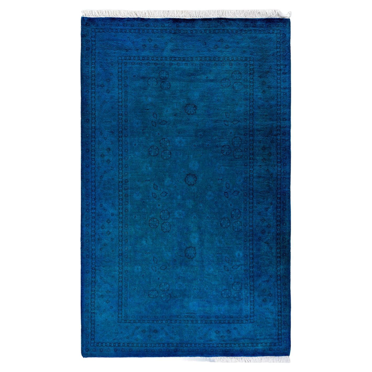Contemporary Overdyed Hand Knotted Wool Blue Area Rug For Sale at 1stDibs