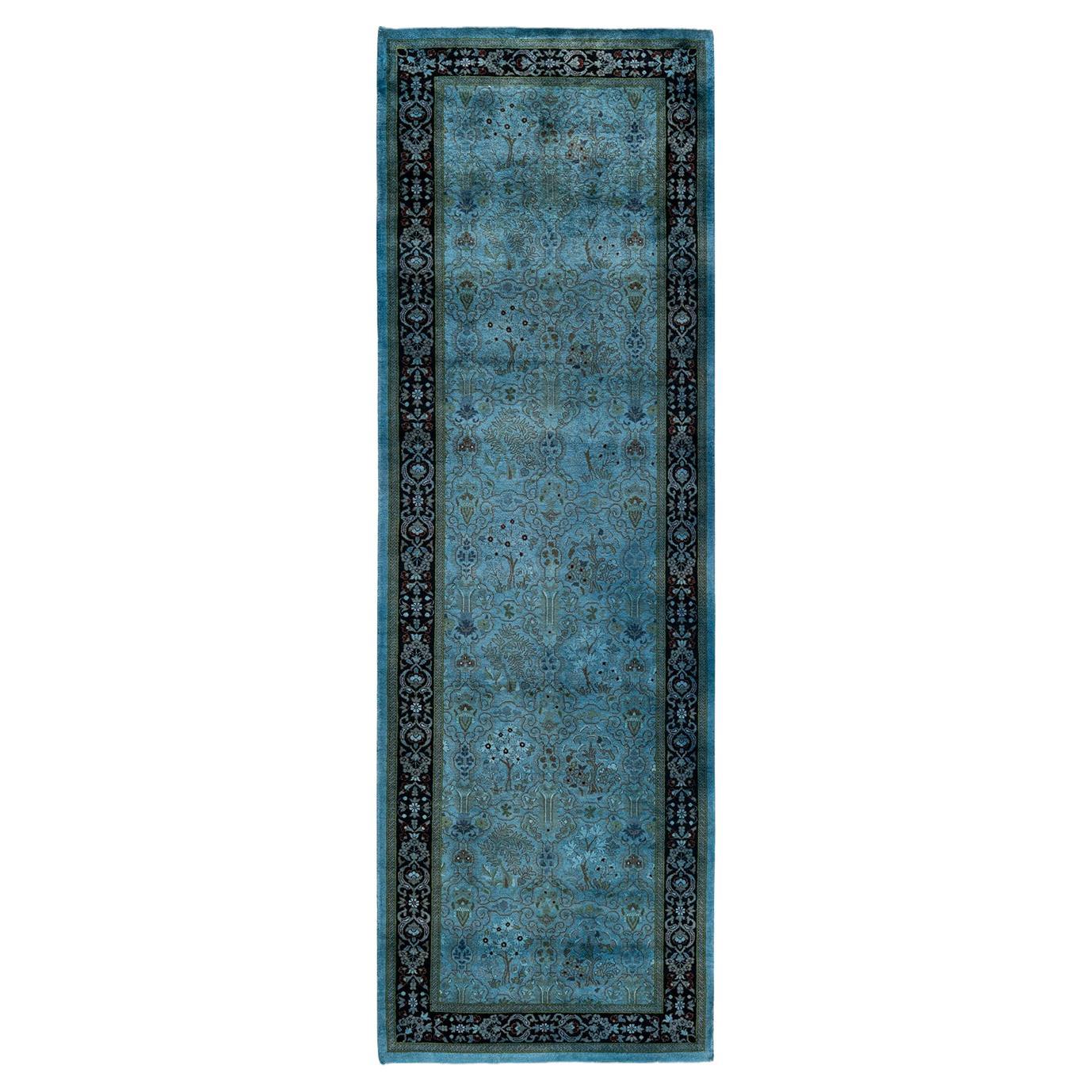 Contemporary Overdyed Hand Knotted Wool Blue Runner For Sale at 1stDibs
