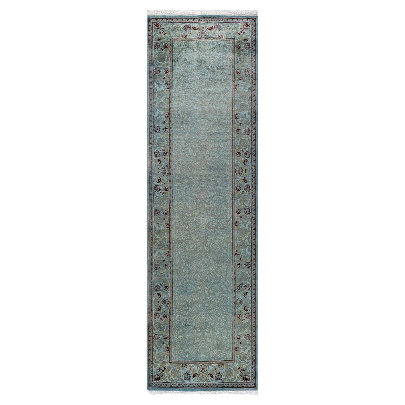 Contemporary Overdyed Hand Knotted Wool Blue Runner For Sale at 1stDibs
