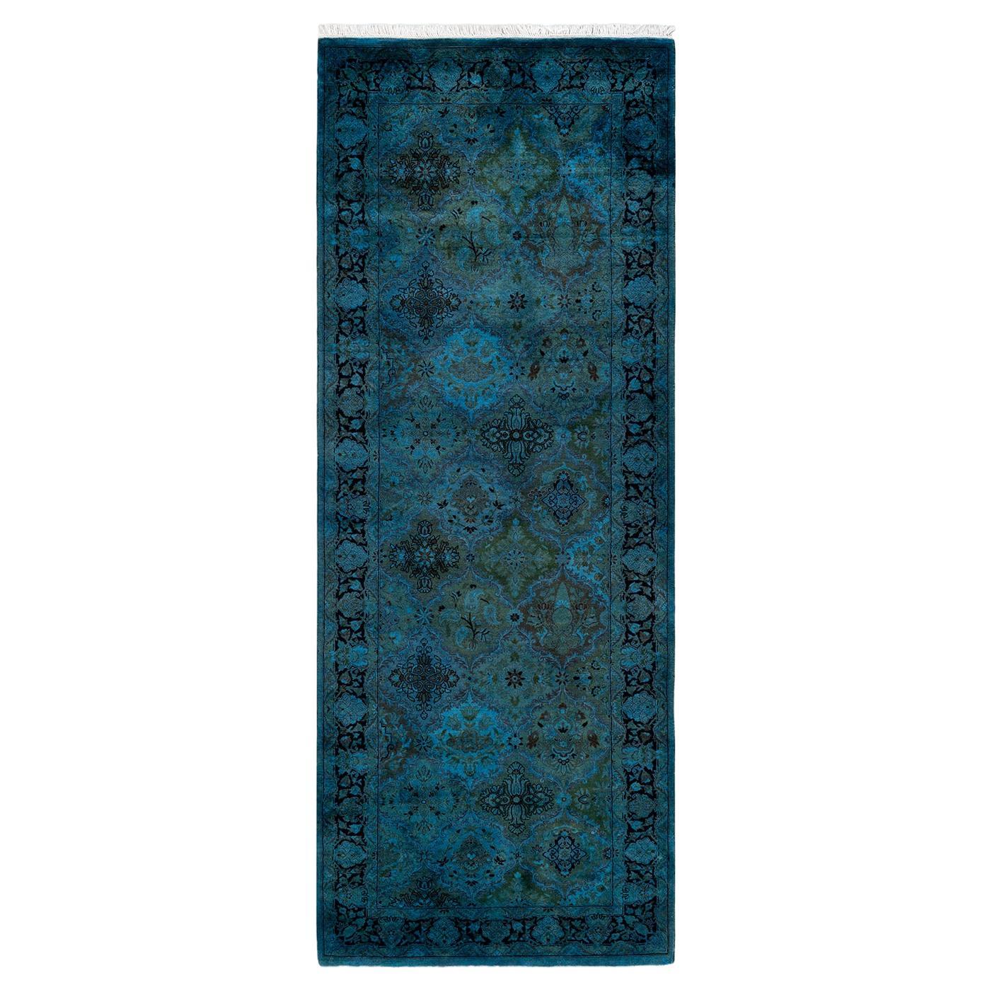 Contemporary Overdyed Hand Knotted Wool Blue Runner For Sale at 1stDibs