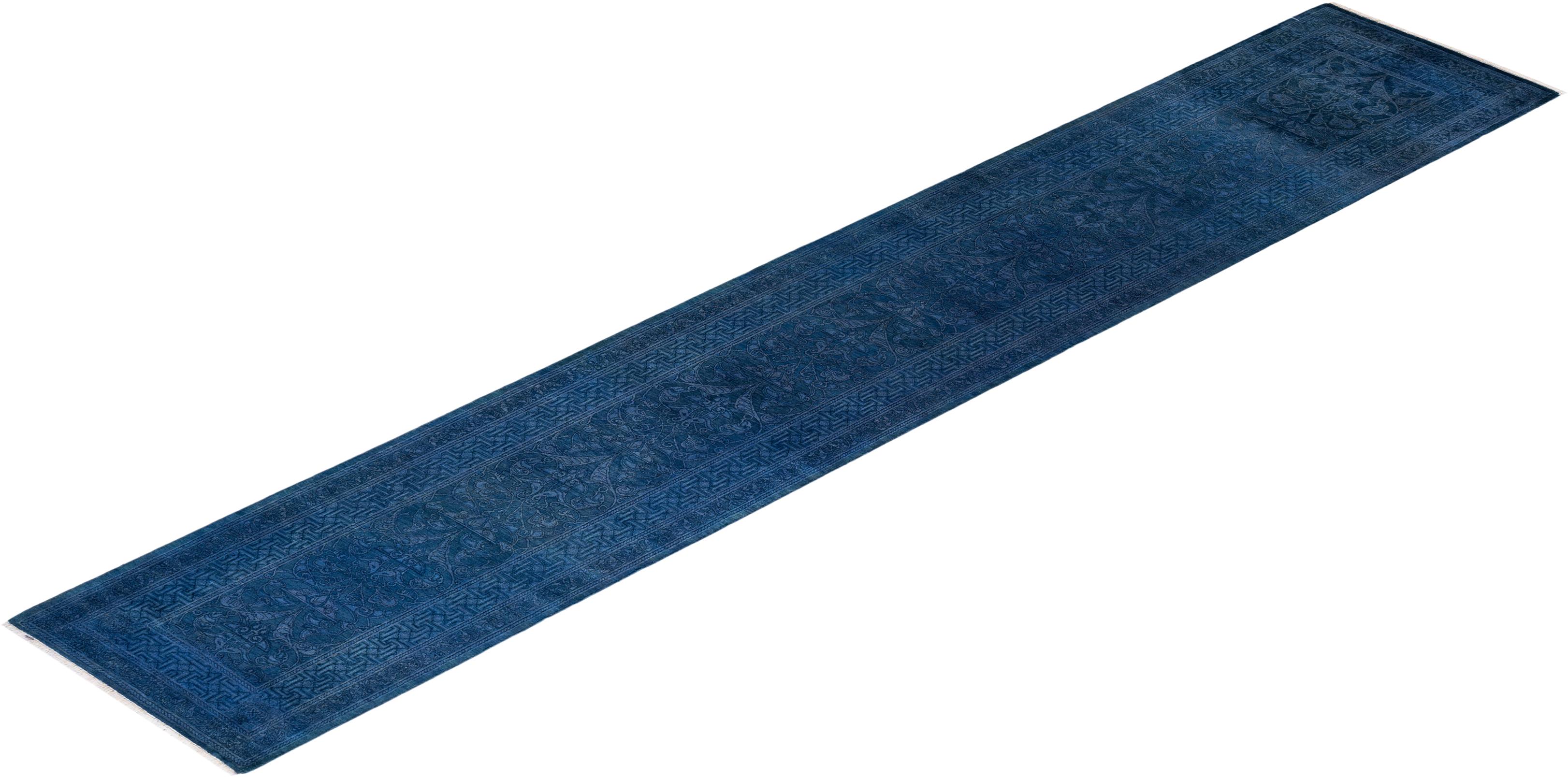 Contemporary Overdyed Hand Knotted Wool Gray Runner For Sale at 1stDibs