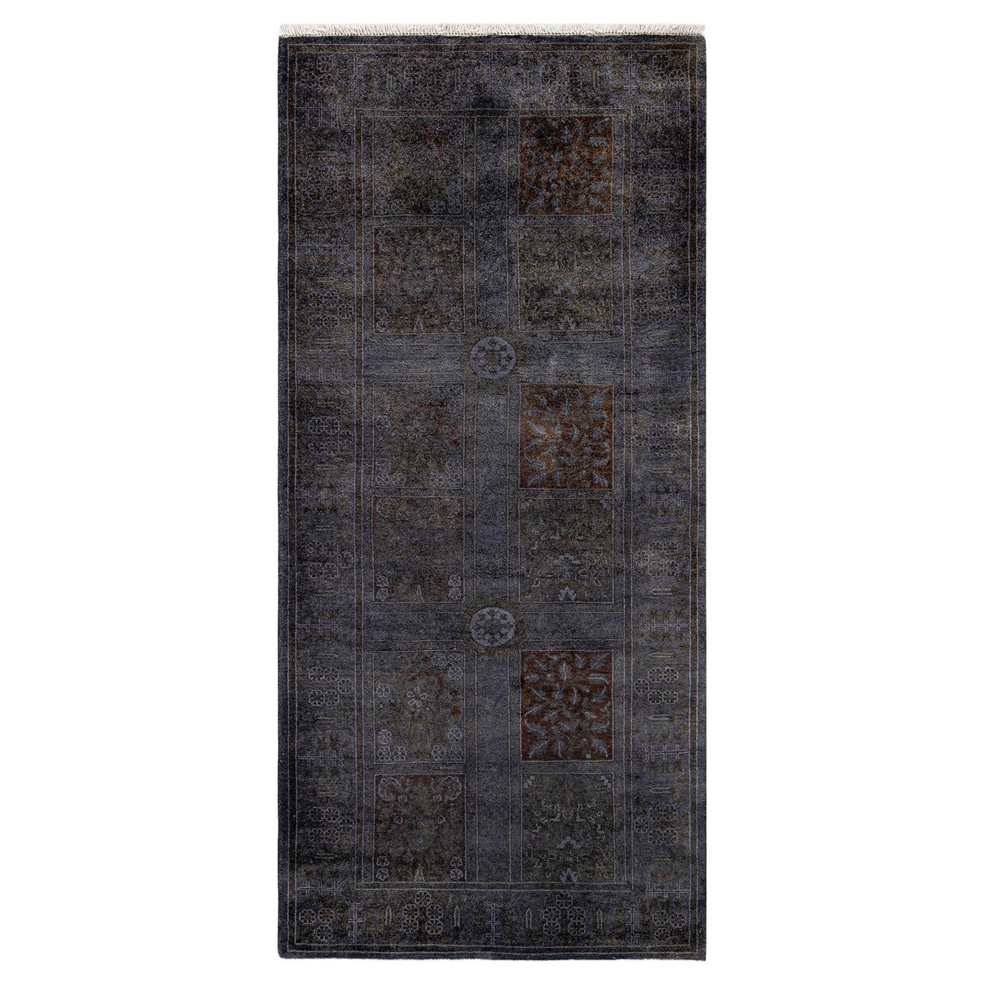 Contemporary Overdyed Hand Knotted Wool Gray Runner For Sale at 1stDibs