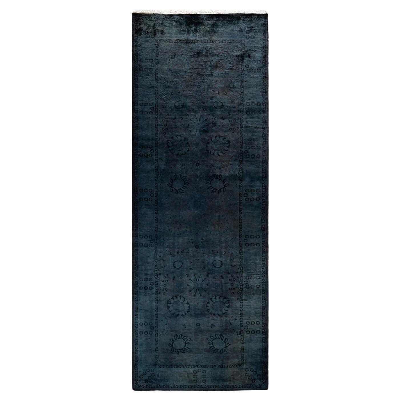 Contemporary Overdyed Hand Knotted Wool Gray Runner For Sale at 1stDibs