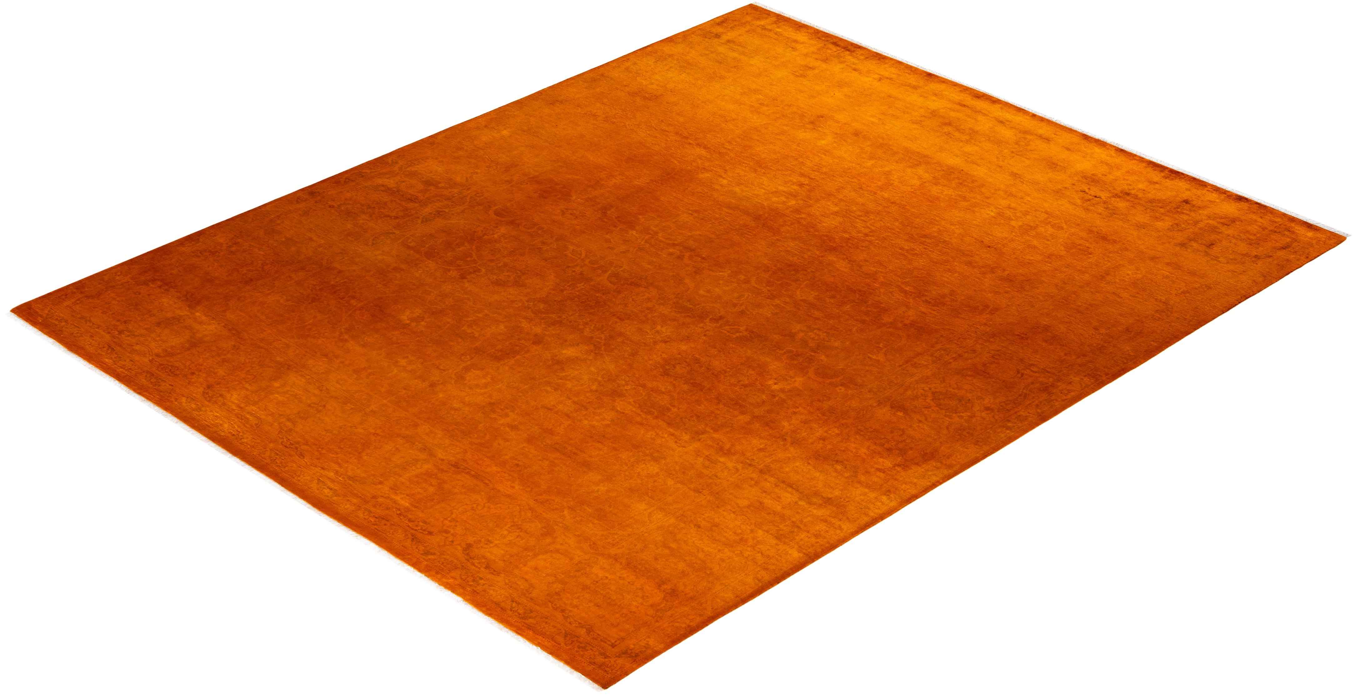 Contemporary Overdyed Hand Knotted Wool Orange Area Rug For Sale at 1stDibs