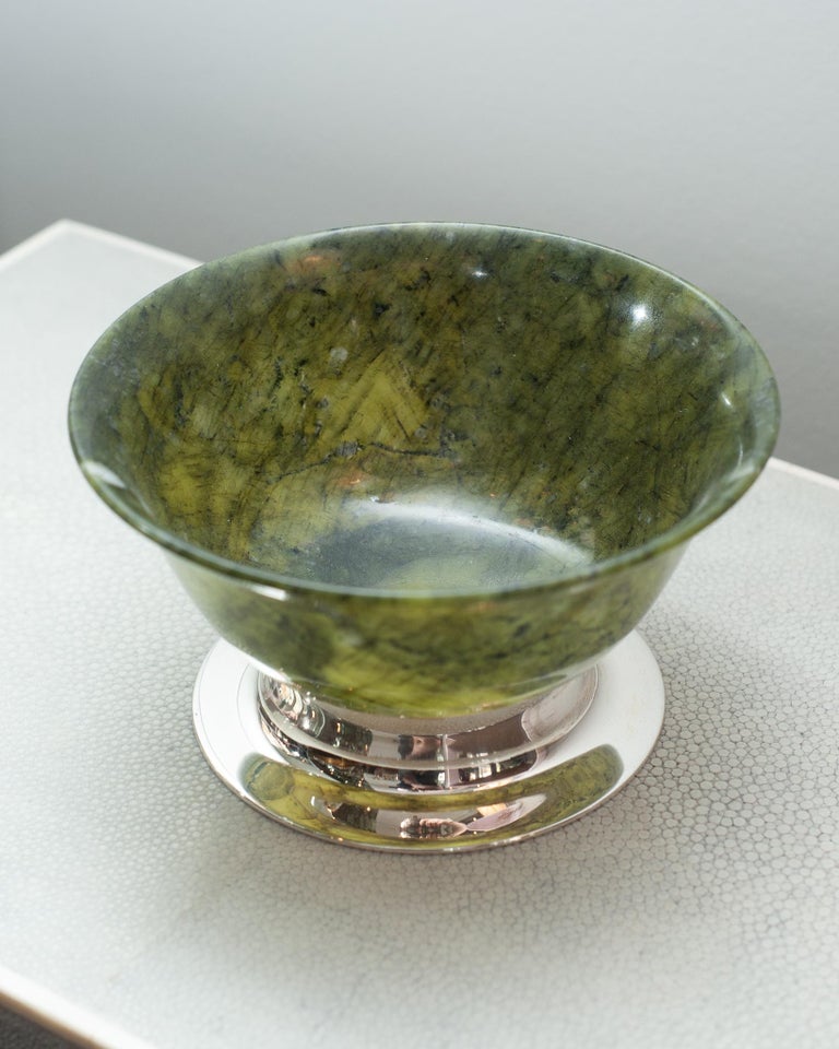 Contemporary Pair Green Jade Bowls on Handmade Sterling Silver Bases ...