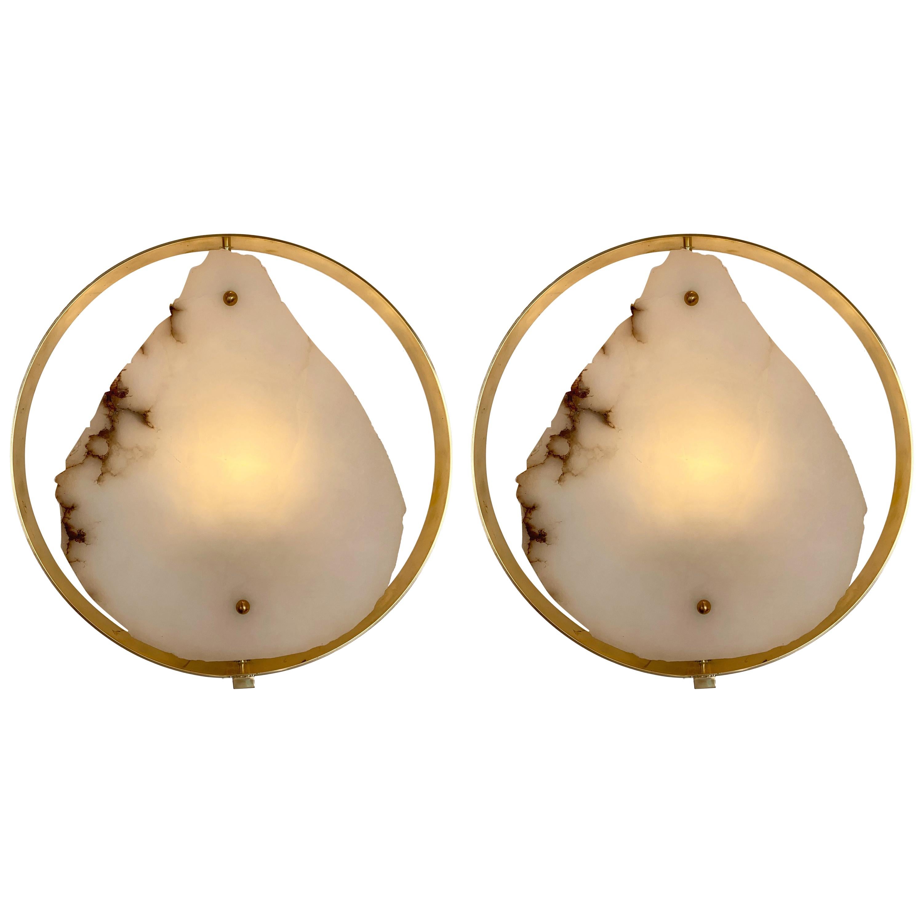 Contemporary Pair of Alabaster Circle Brass Sconces, Italy at 1stDibs