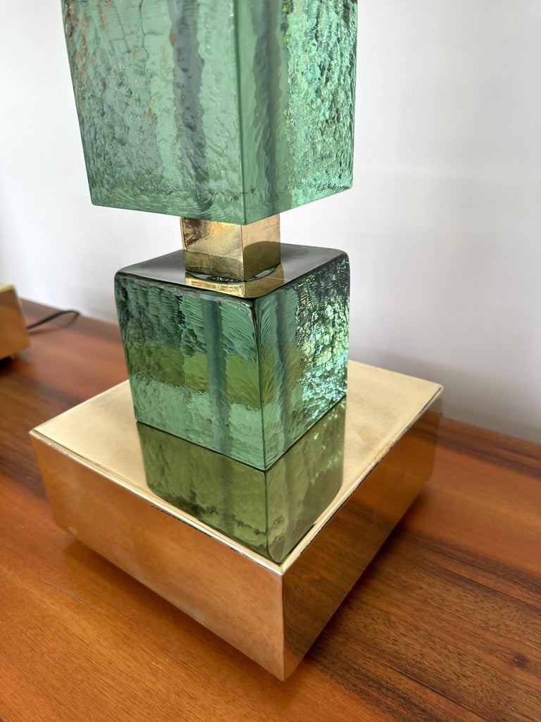 Contemporary Pair of Brass and Green Murano Glass Cube Lamps, Italy For ...