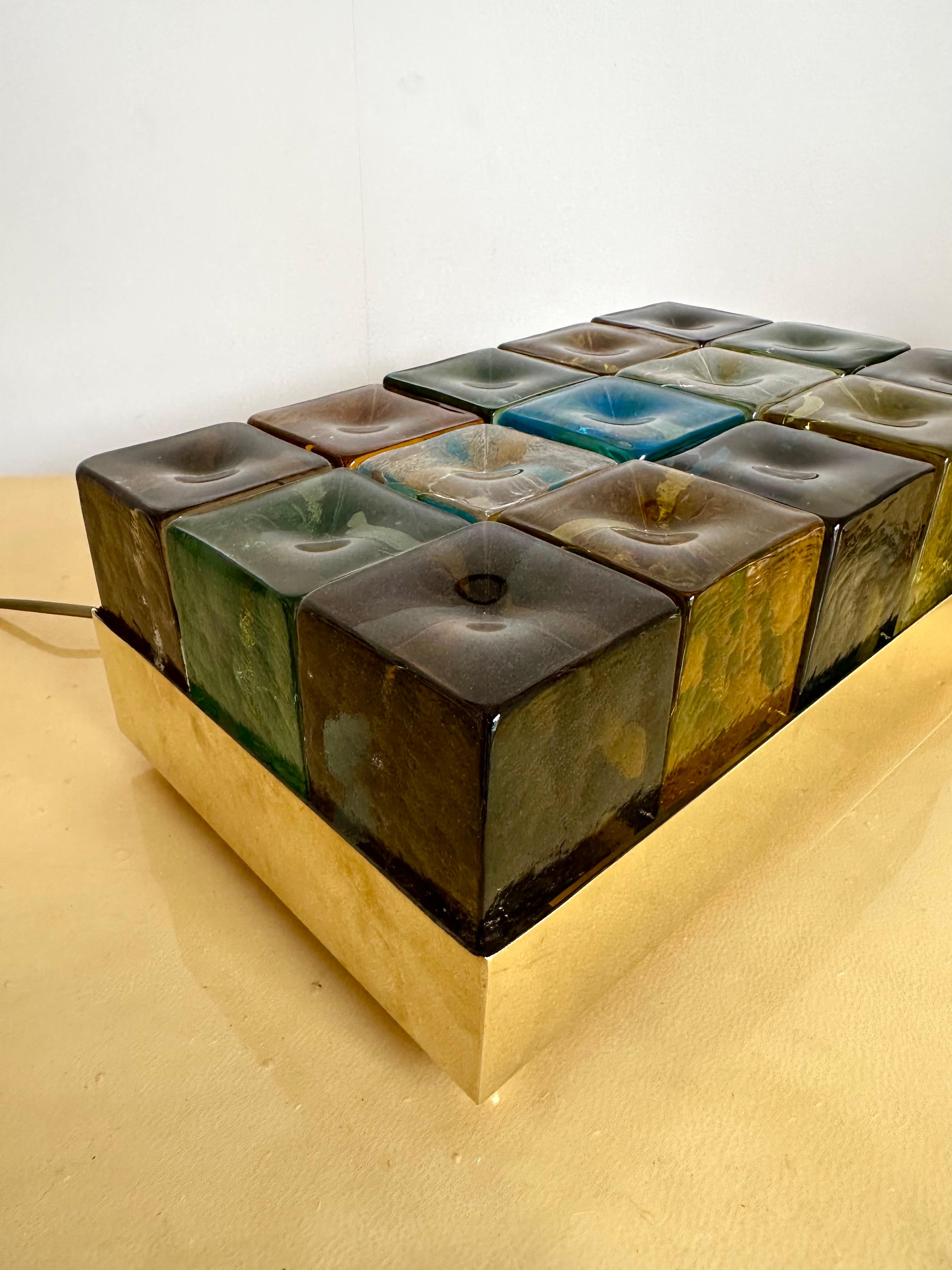 Contemporary Pair of Brass and Murano Glass Cube Marquetry Lamps, Italy ...