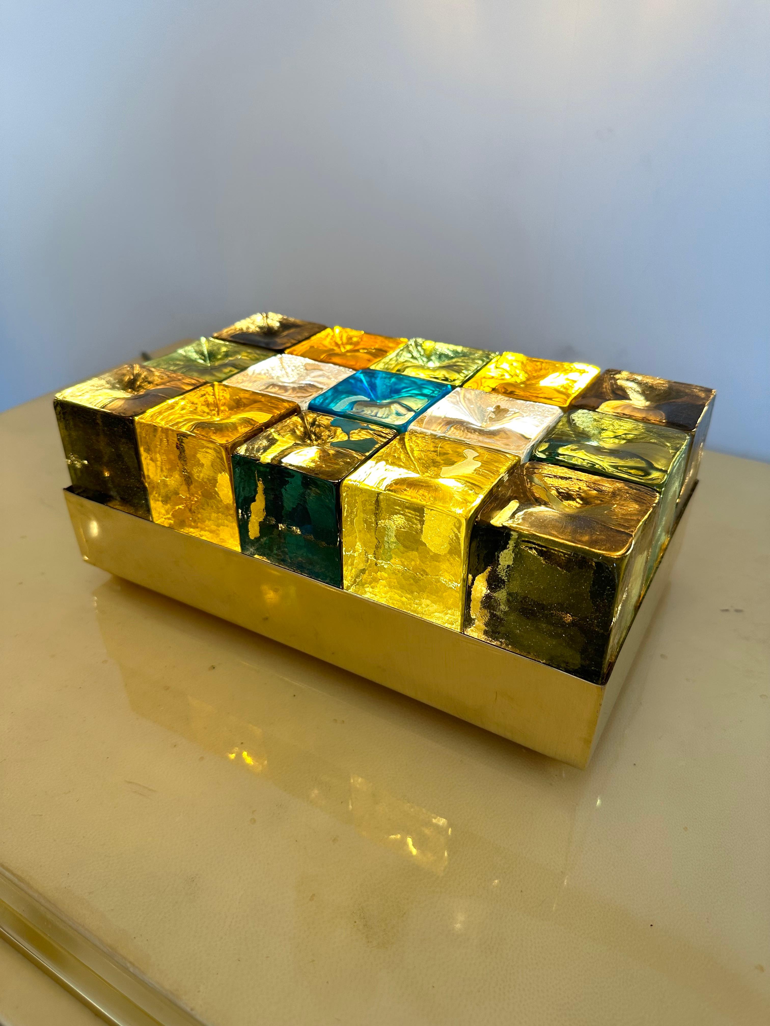 Contemporary Pair of Brass and Murano Glass Cube Marquetry Lamps, Italy ...