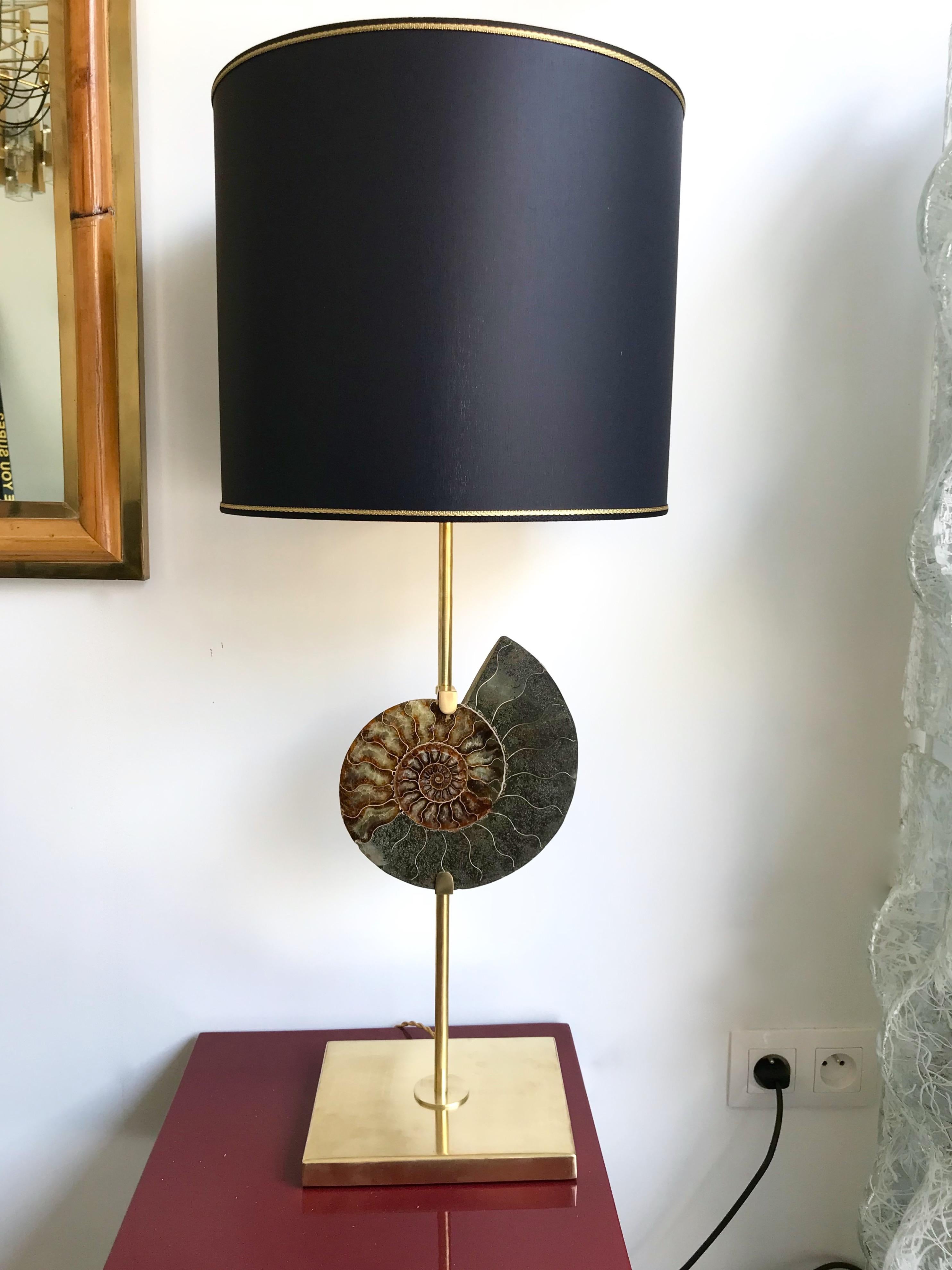 Contemporary Pair of Brass Lamps Ammonite Fossil, Italy at 1stDibs