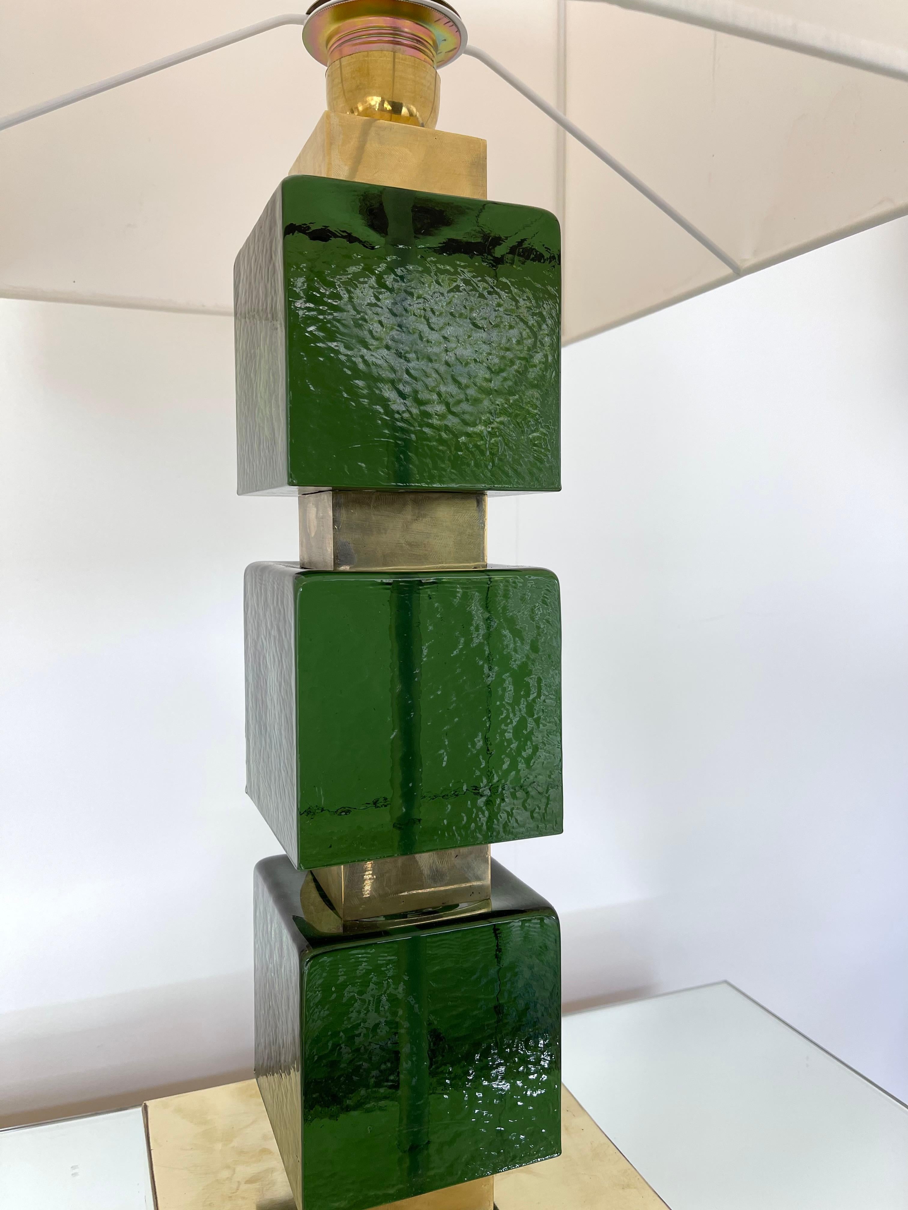 Contemporary Pair of Brass Murano Glass Cube Column Lamps, Italy at 1stDibs