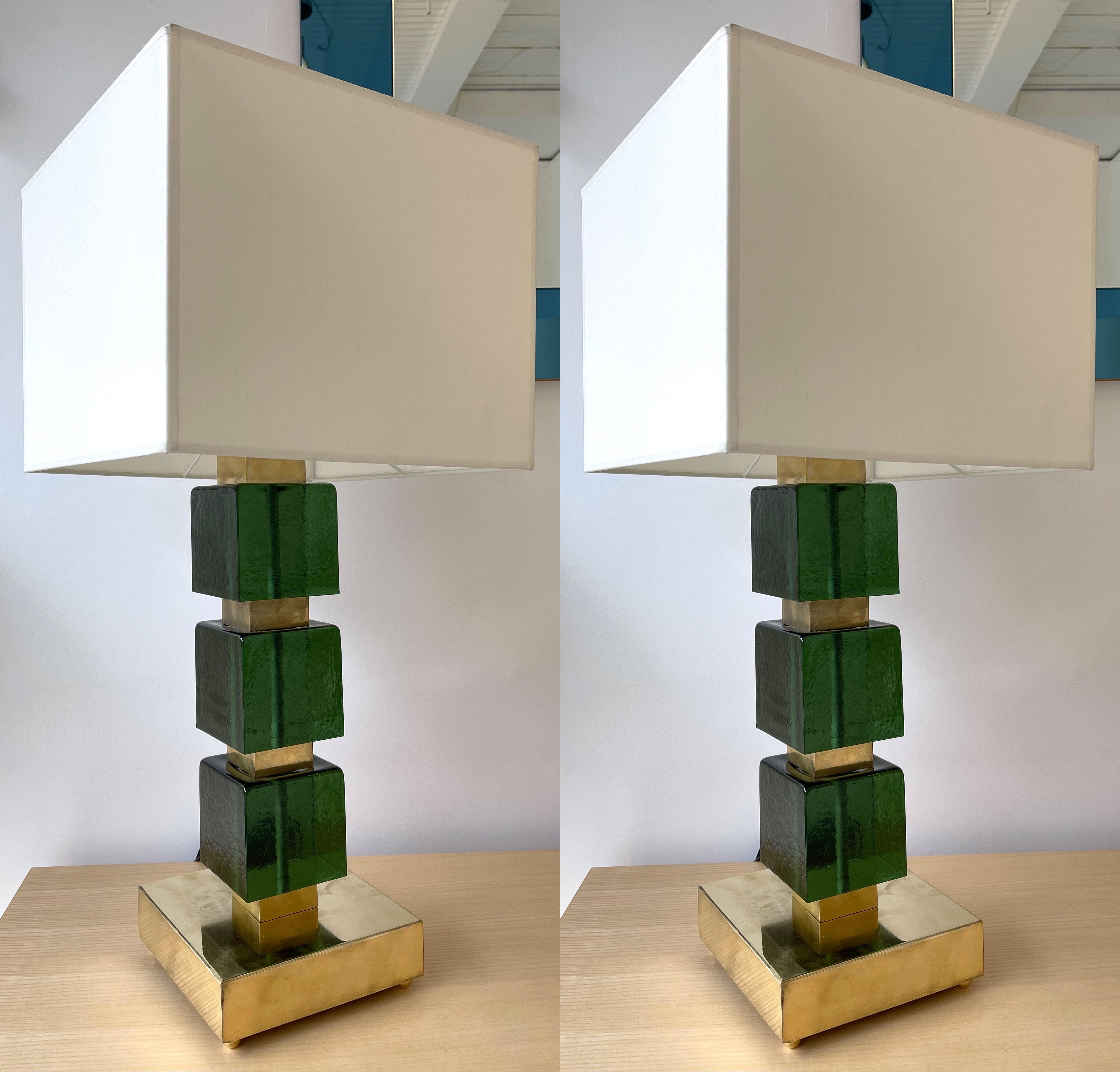 Contemporary Pair of Brass Murano Glass Cube Column Lamps, Italy at 1stDibs