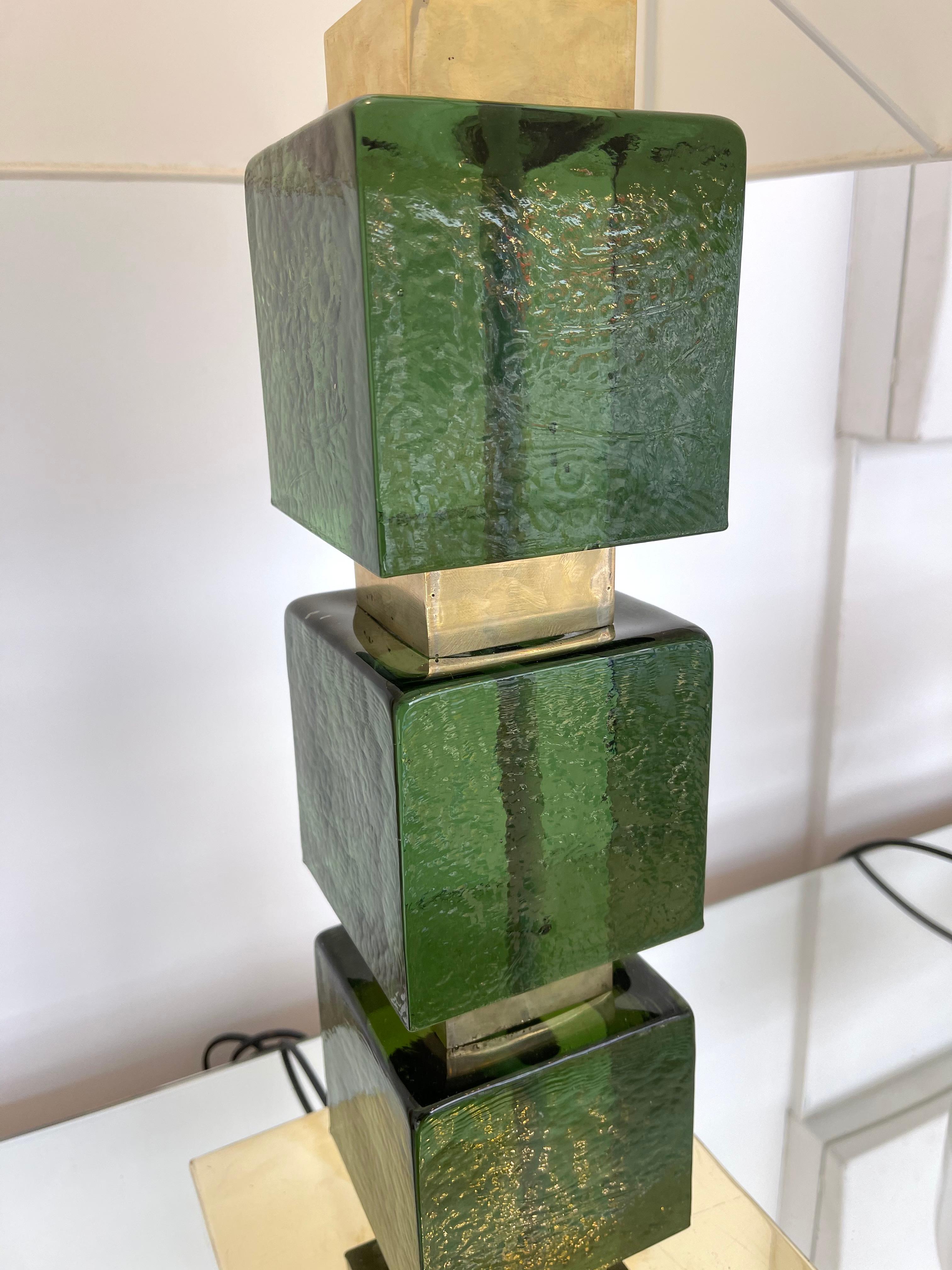 Contemporary Pair of Brass Murano Glass Cube Column Lamps, Italy at 1stDibs