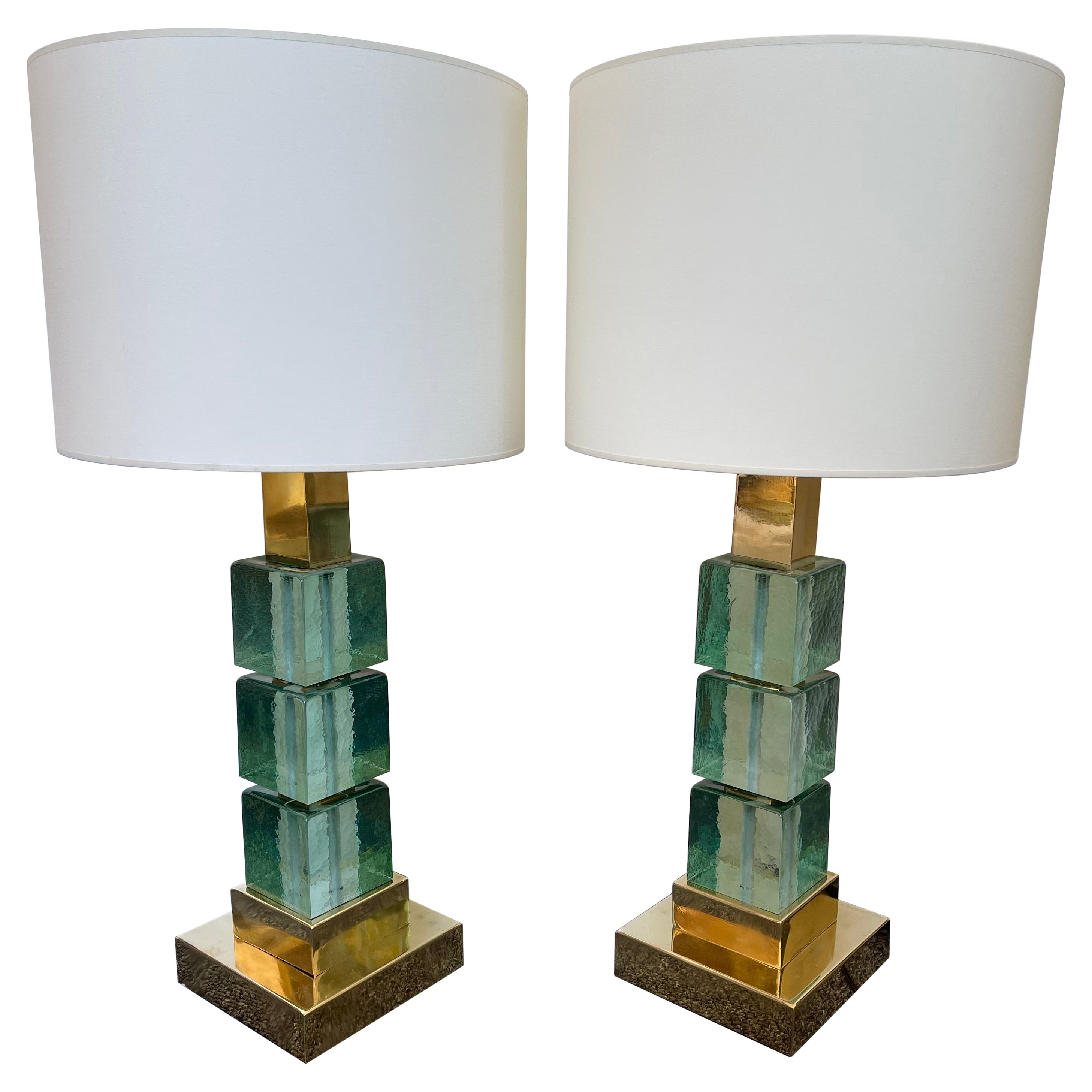 Contemporary Pair of Brass Murano Glass Cube Column Lamps, Italy at 1stDibs