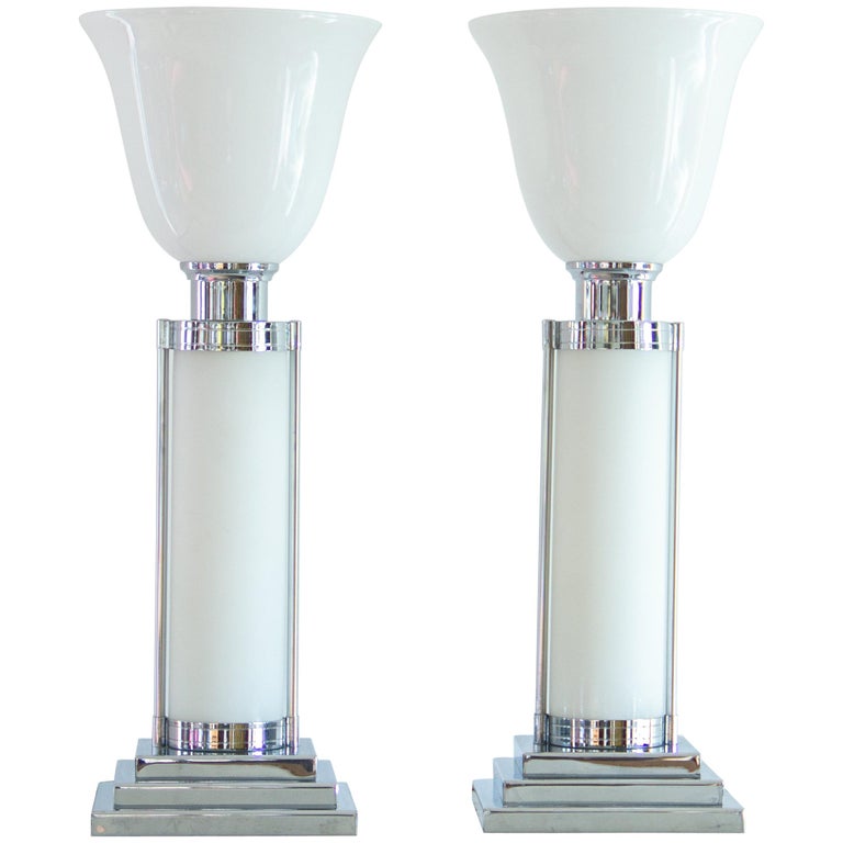 Contemporary Pair of Chrome and Glass Uplighter Lamps For Sale at 1stDibs