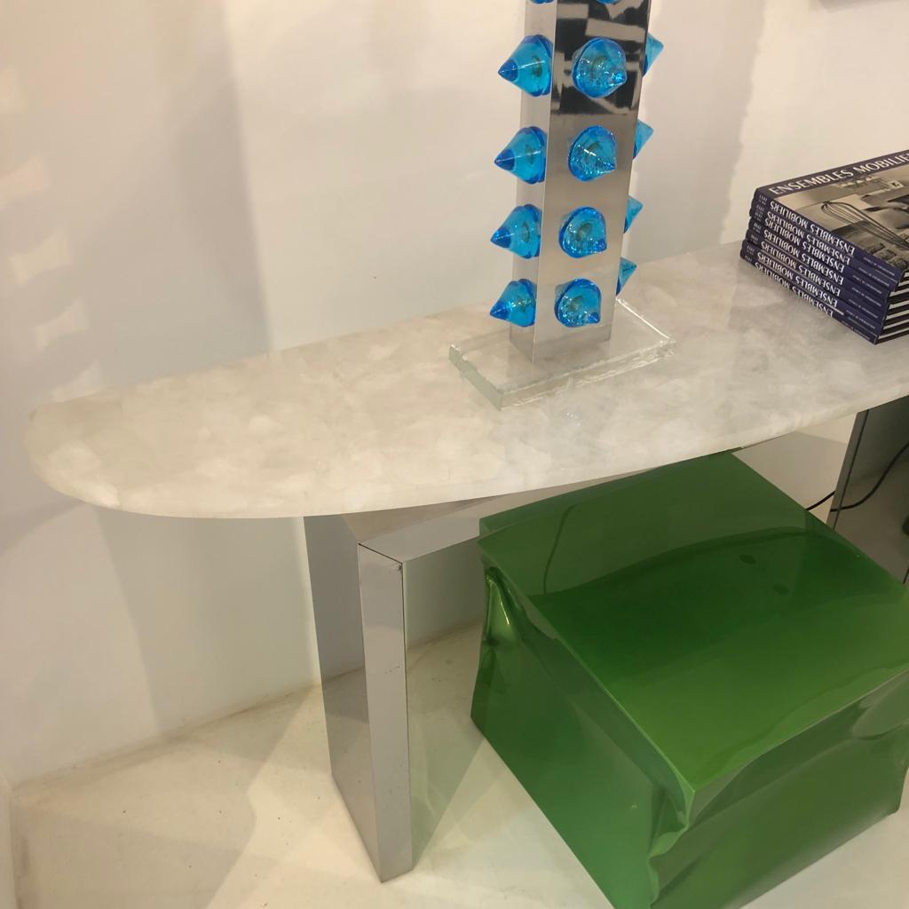 Contemporary Pair of Demilune Consoles Made Of White Quartz and Steel ...