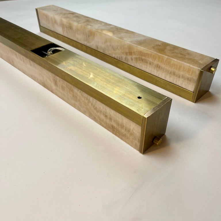 Contemporary Pair of Italian Alabaster and Brass Long Squared Sconces ...
