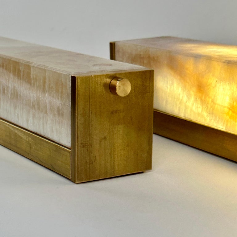 Contemporary Pair of Italian Alabaster and Brass Long Squared Sconces ...